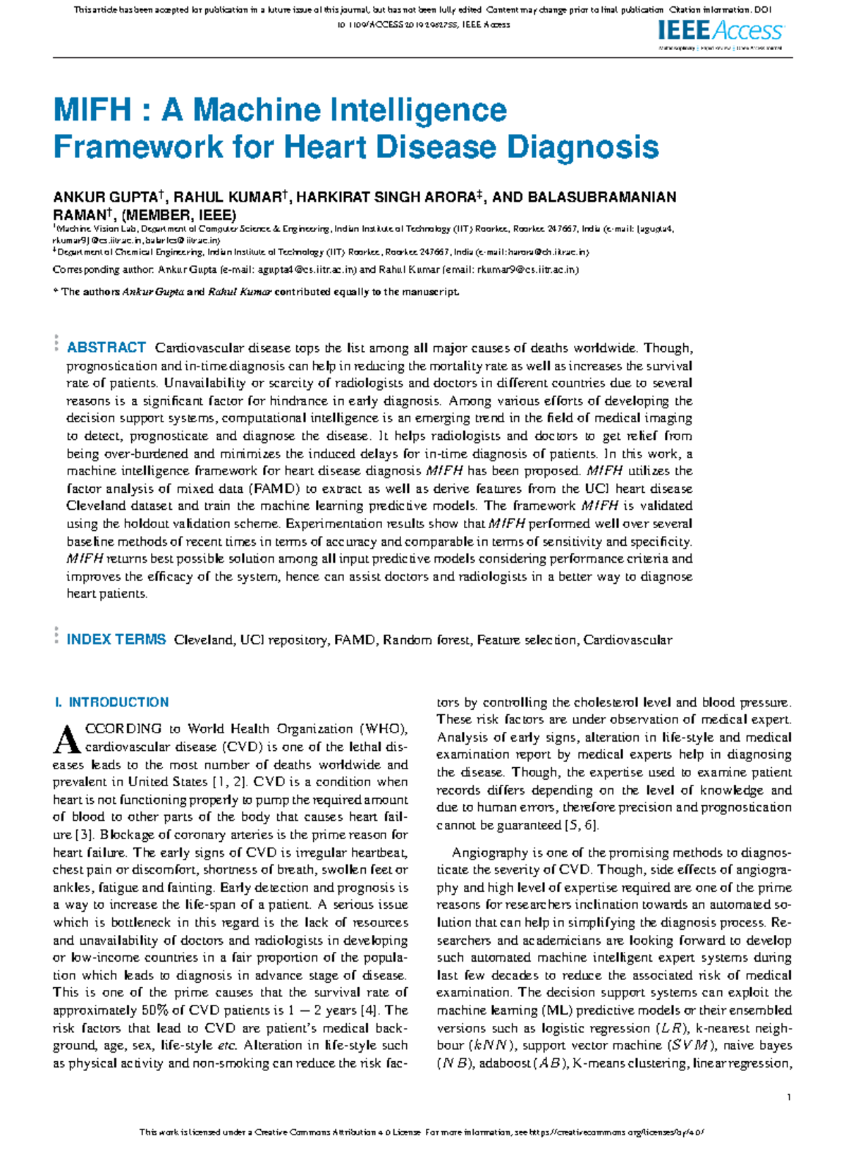 MIFH A Machine Intelligence Framework for Heart Di - 10.1109/ACCESS.2019, IEEE Access MIFH : A ...