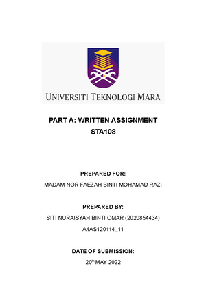 STA108 Written Group Project AS1204B(C) - J UITM CAWANGAN PAHANG KAMPUS JENGKA FACULTY OF ...