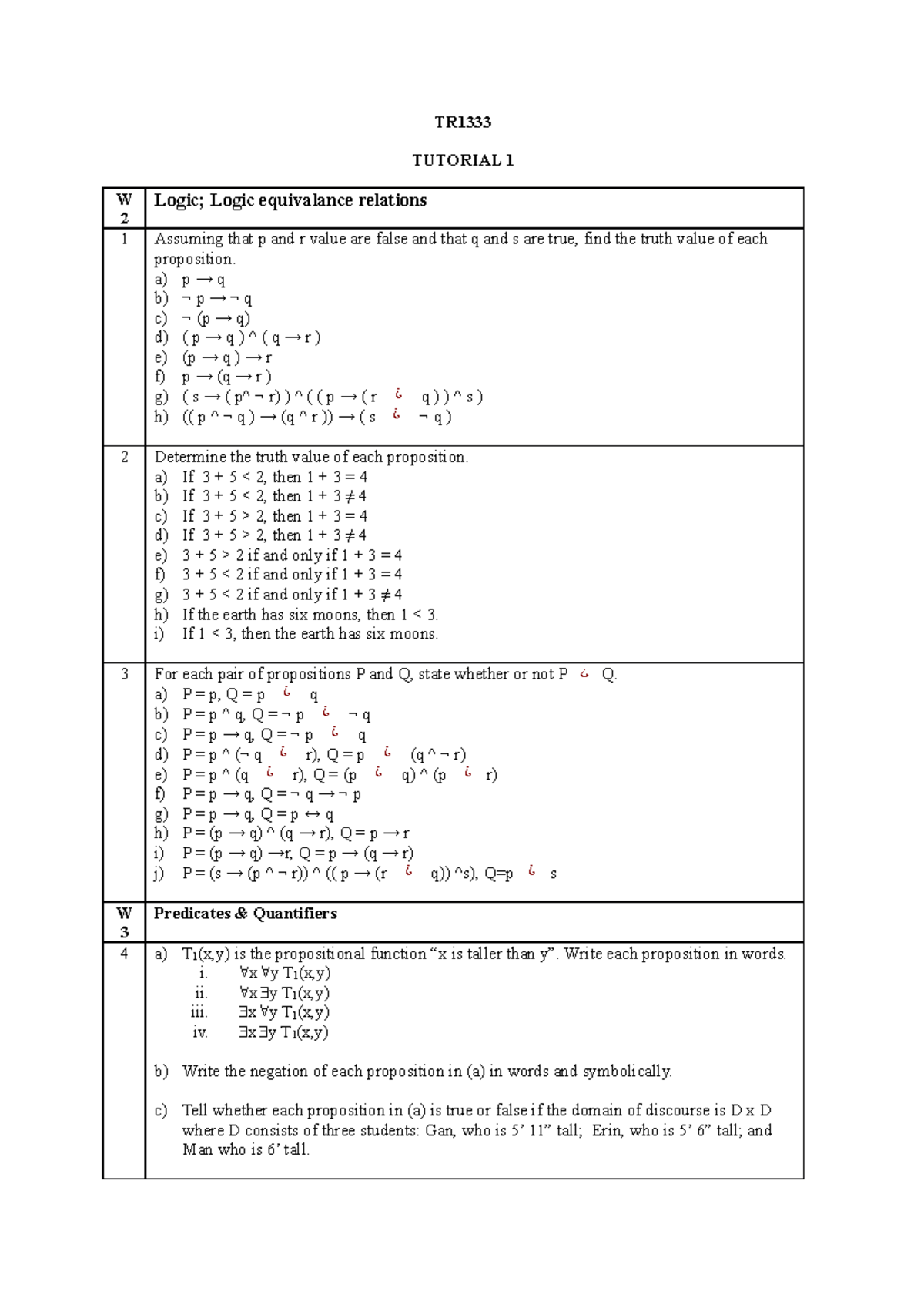 T1 - Discrete Math Chapter 1 Logic tutorial - TR TUTORIAL 1 W 2 Logic ...