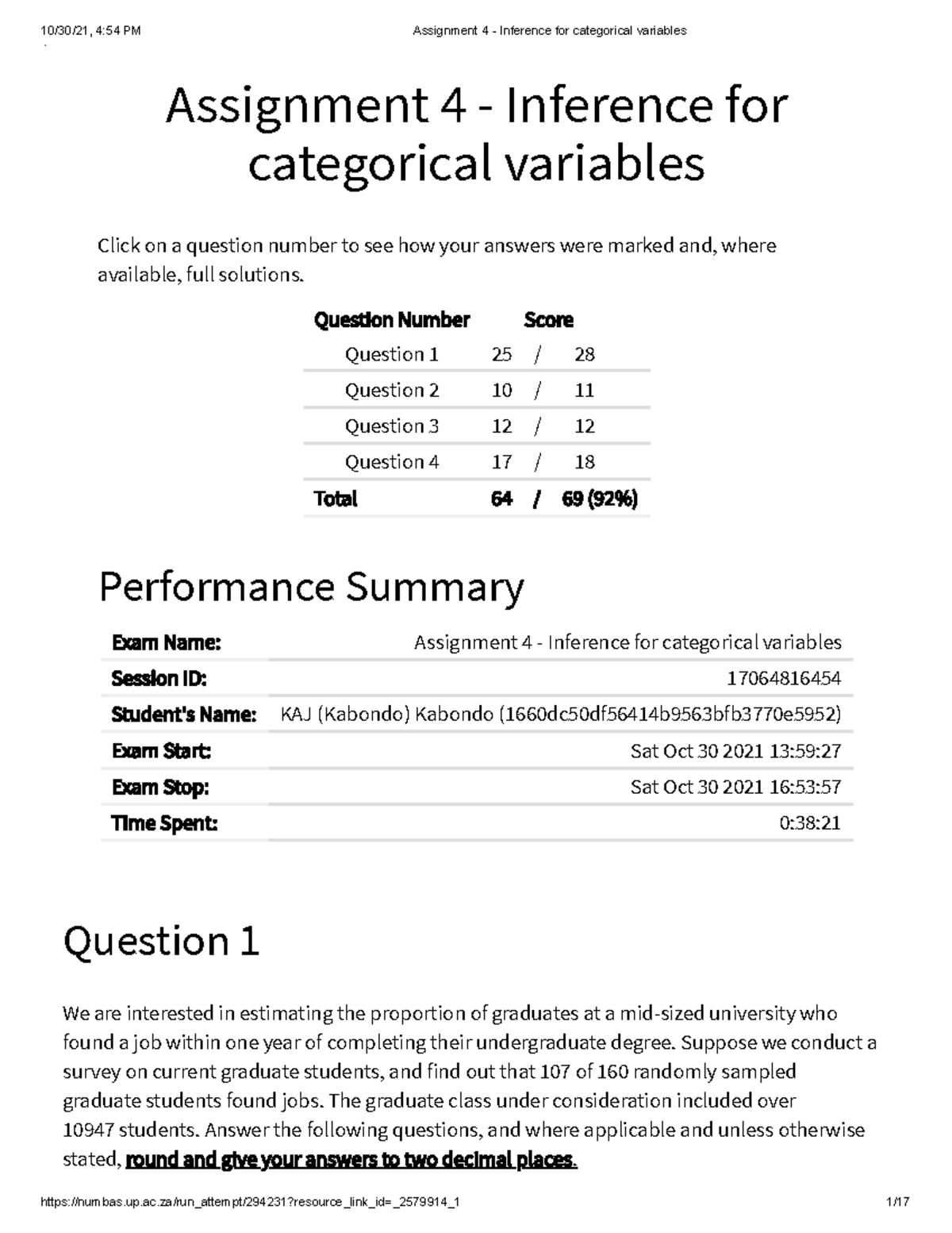 Theme 4 Assignment (Numbas) - Assignment 4 - Inference for categorical ...