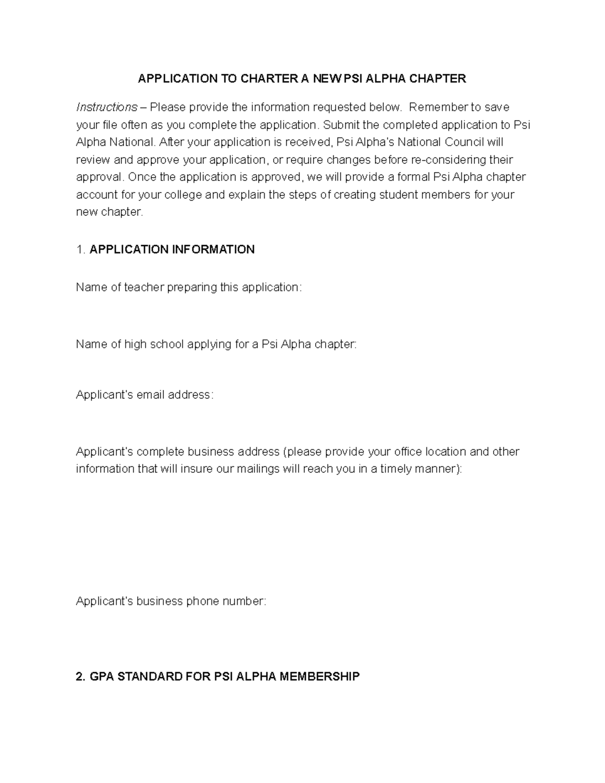 Psi Alpha Chapter Application - APPLICATION TO CHARTER A NEW PSI ALPHA ...