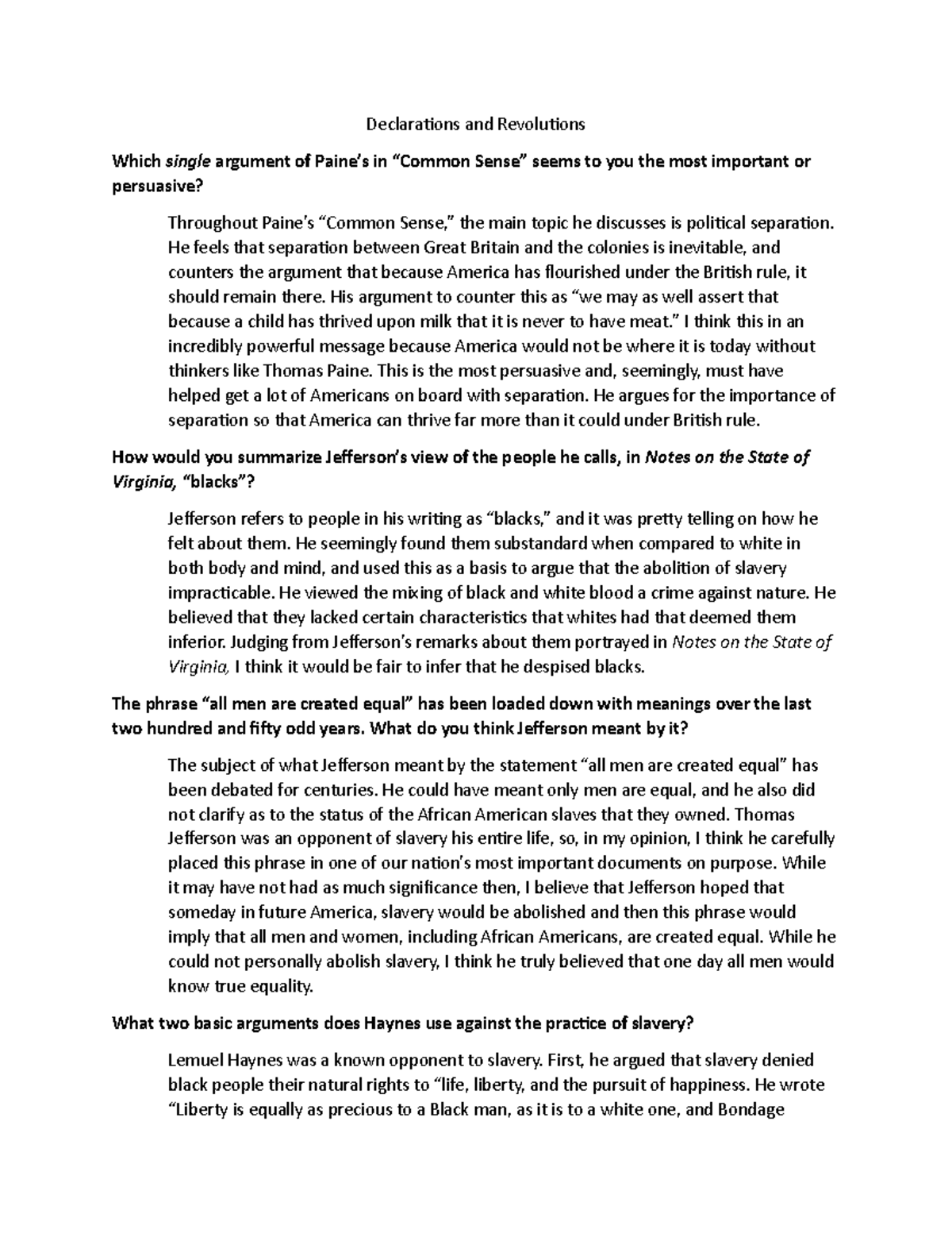 Declarations and Revolutions - He feels that separation between Great ...