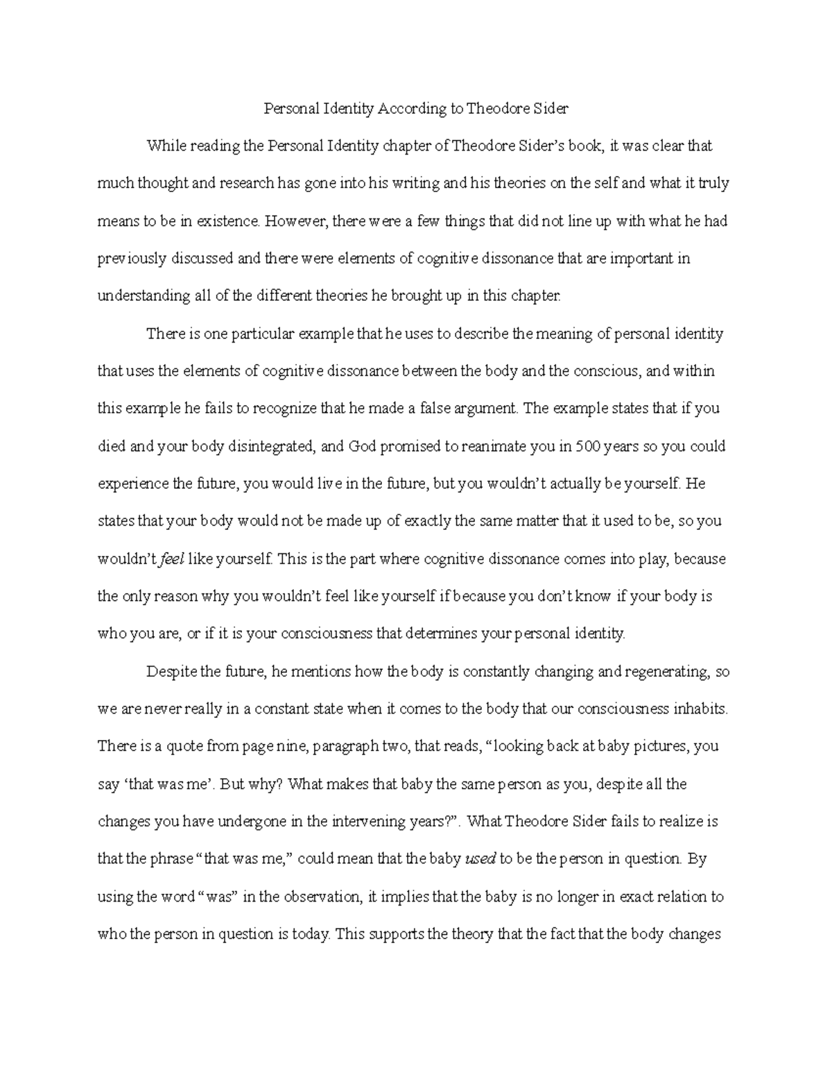 Sider Analysis - Personal Identity According to Theodore Sider While ...