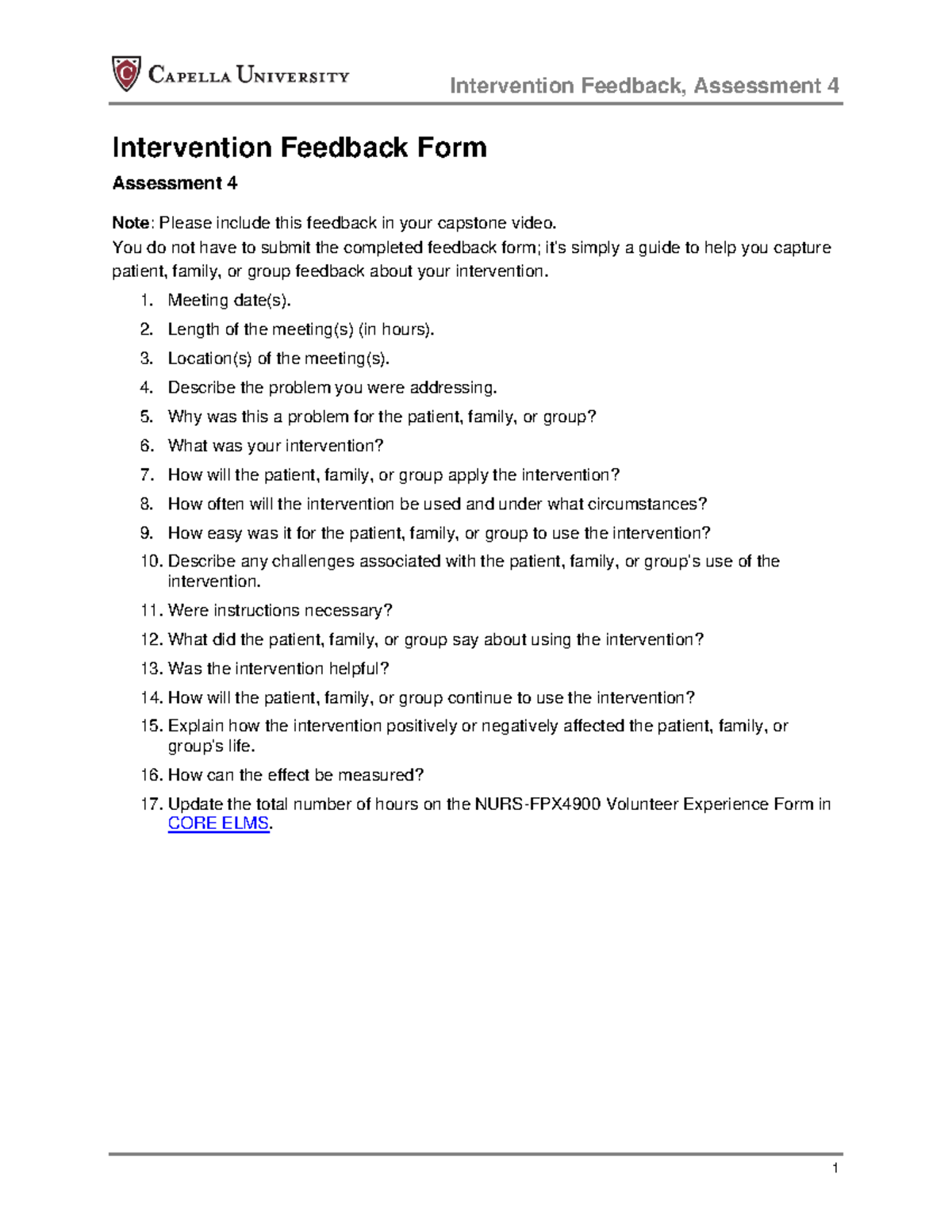 Cf u05a1 intervention feedback form - Intervention Feedback, Assessment ...