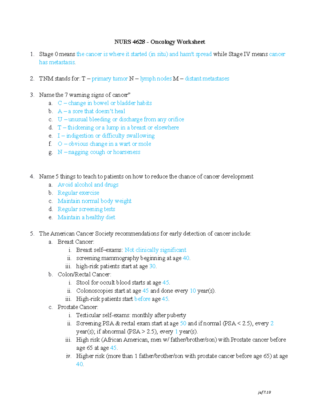 Oncology Worksheet - MS2 - NURS 4628 - Oncology Worksheet Stage 0 means ...