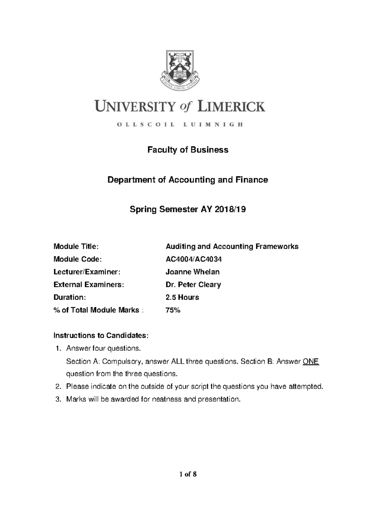 AC4034 Past Exam Paper 2018/19 - Faculty of Business Department of ...