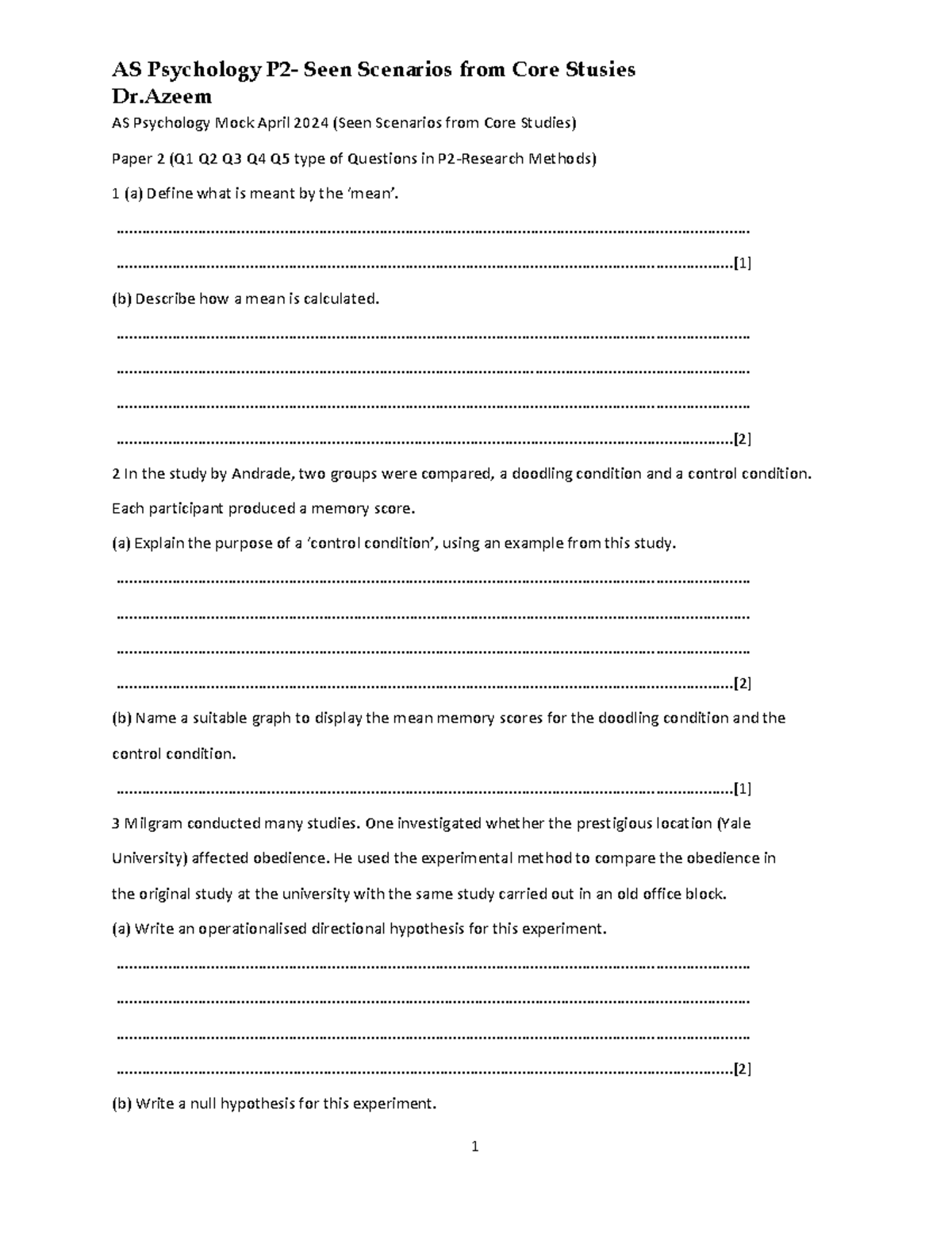 AS Psychology Paper 2 Questions from Core Studies - Dr AS Psychology ...
