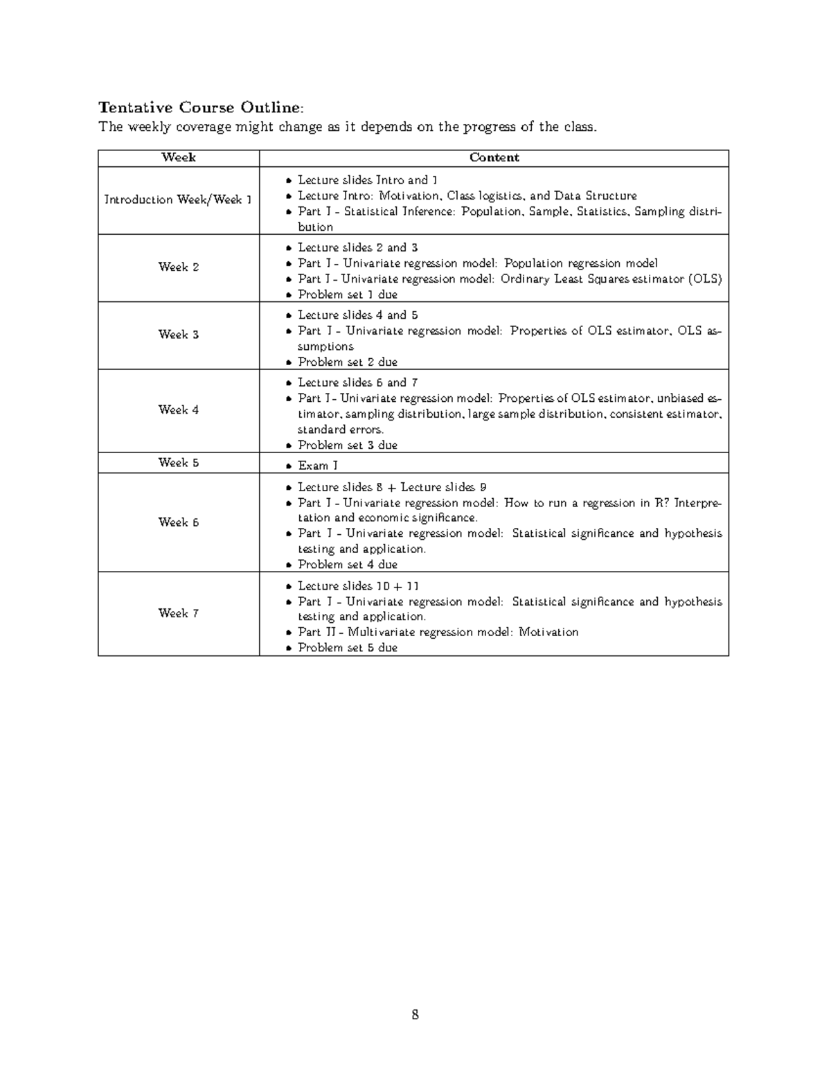 Econometrics - syllubus - Tentative Course Outline: The weekly coverage ...