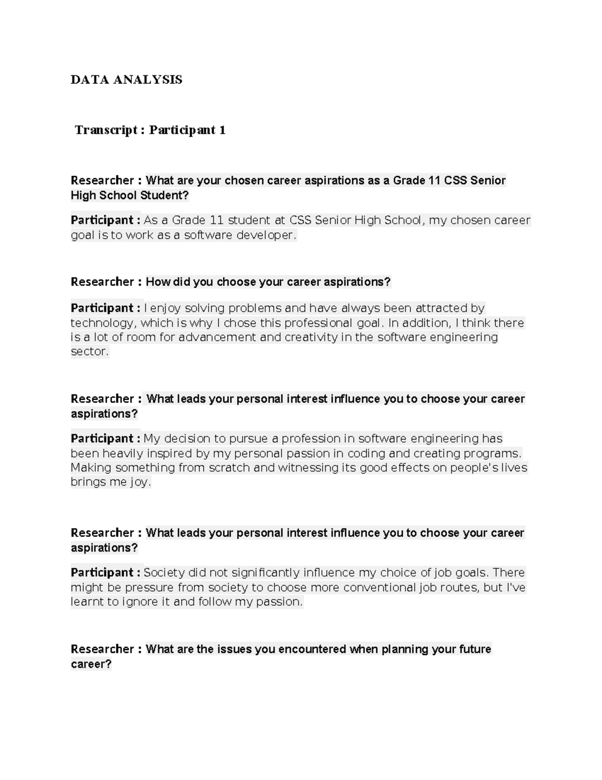 fdfadadadadadadad - DATA ANALYSIS Transcript : Participant 1 Researcher ...