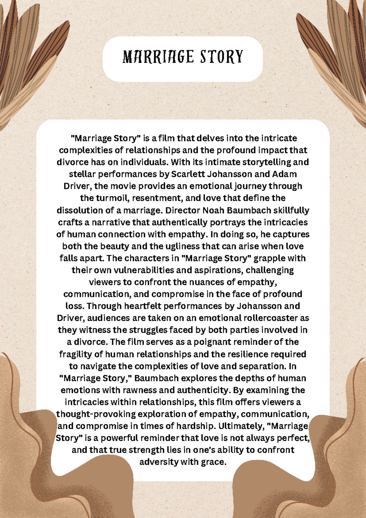 Marriage Reflection - M A R R I A G E S T O R Y "Marriage Story" is a ...