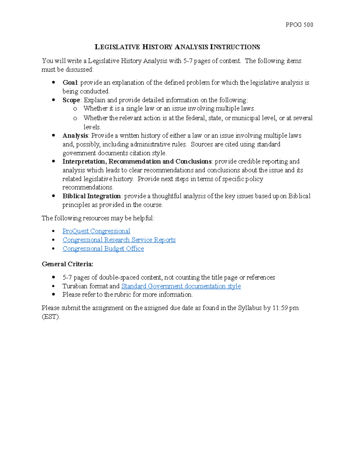 Legislative History Analysis Instructions - PPOG 500 LEGISLATIVE ...