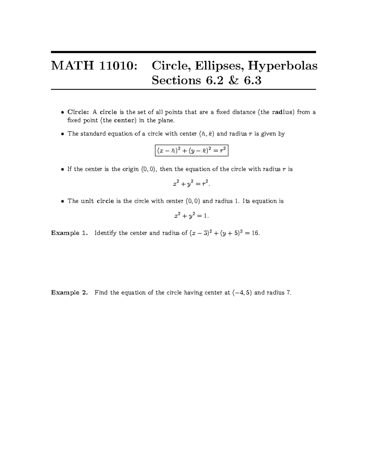 Circle, Ellipses, Hyperbolas - Sections 6 & 6. Circle: Acircleis the ...