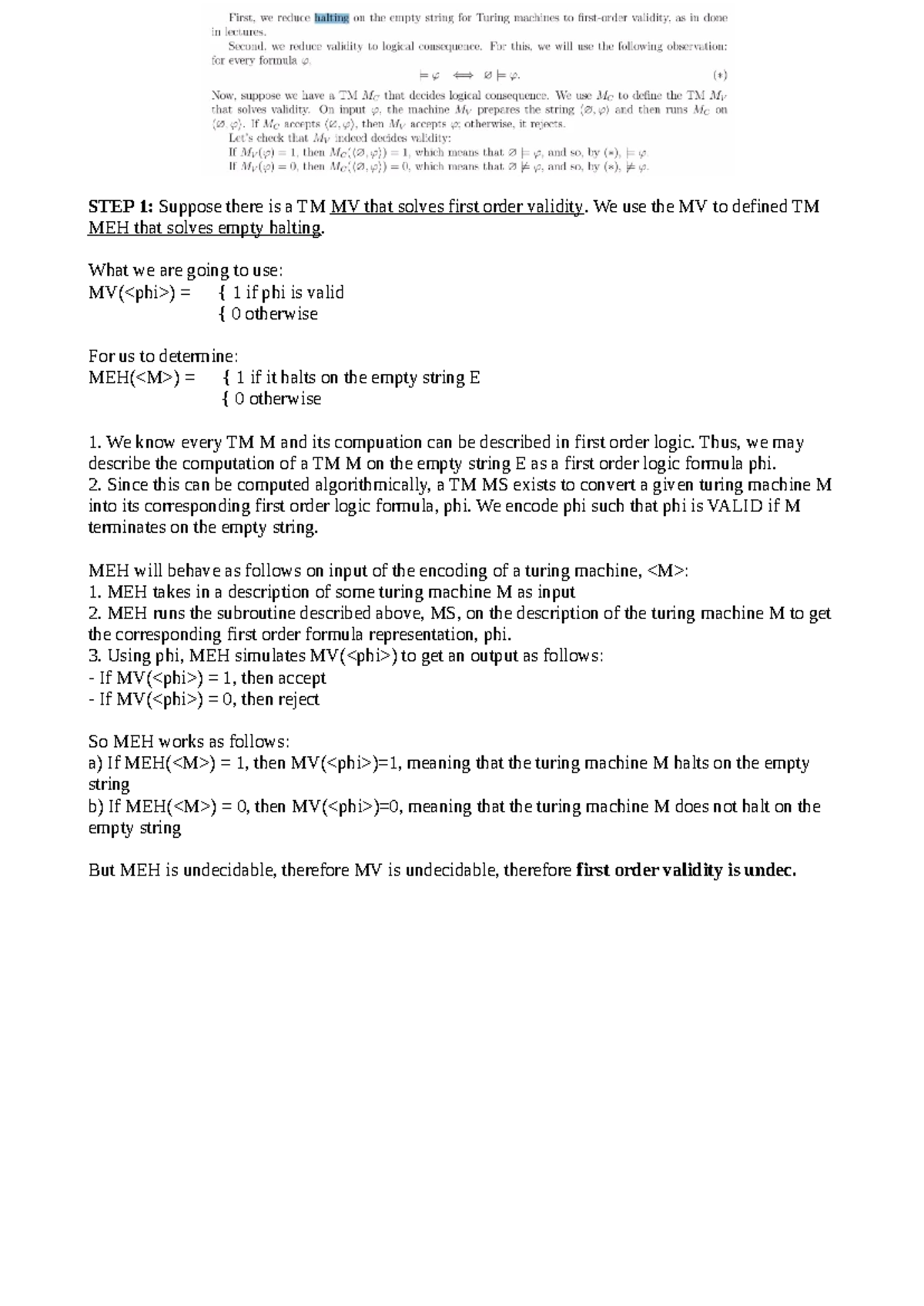 Long Question - Summary Formal Languages and Automata - STEP 1: Suppose there is a TM MV that ...