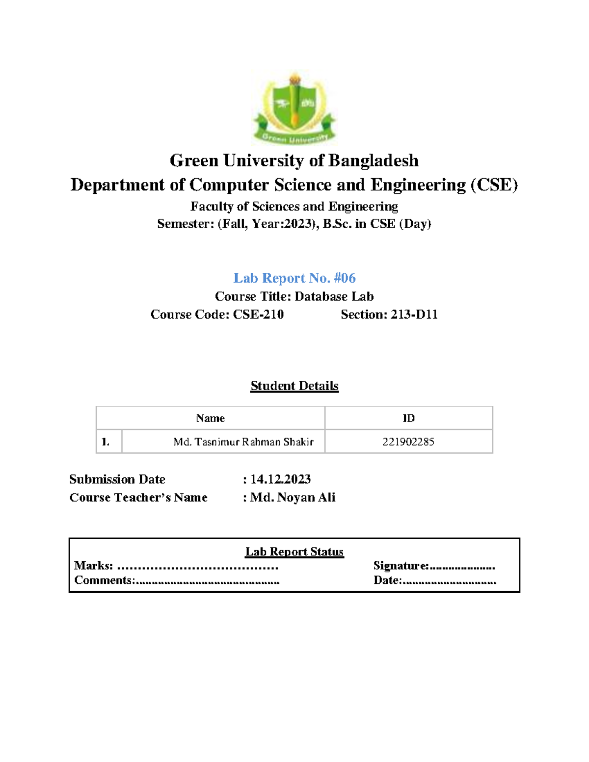 221902285-Database Lab Report 6 - Green University of Bangladesh ...