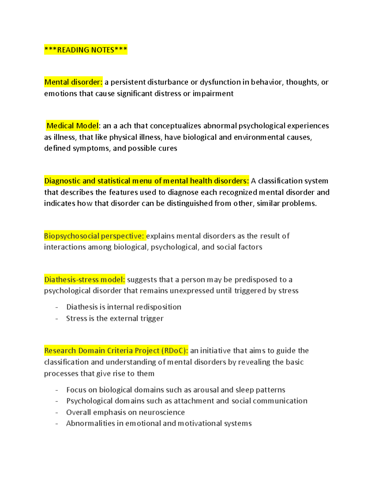 Psychology - ch 14 defining mental disorders (reading and lecture notes ...