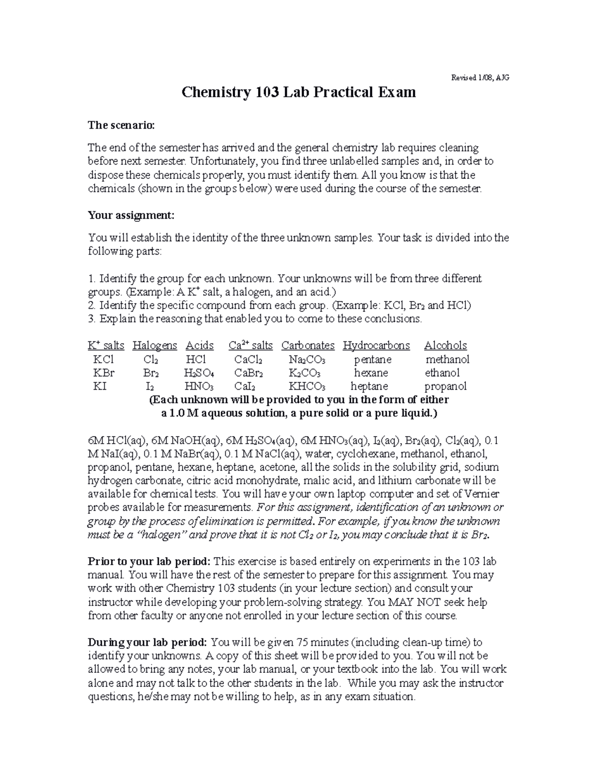 Final Lab Practical Su08 - Revised 1/08, AJG Chemistry 103 Lab ...