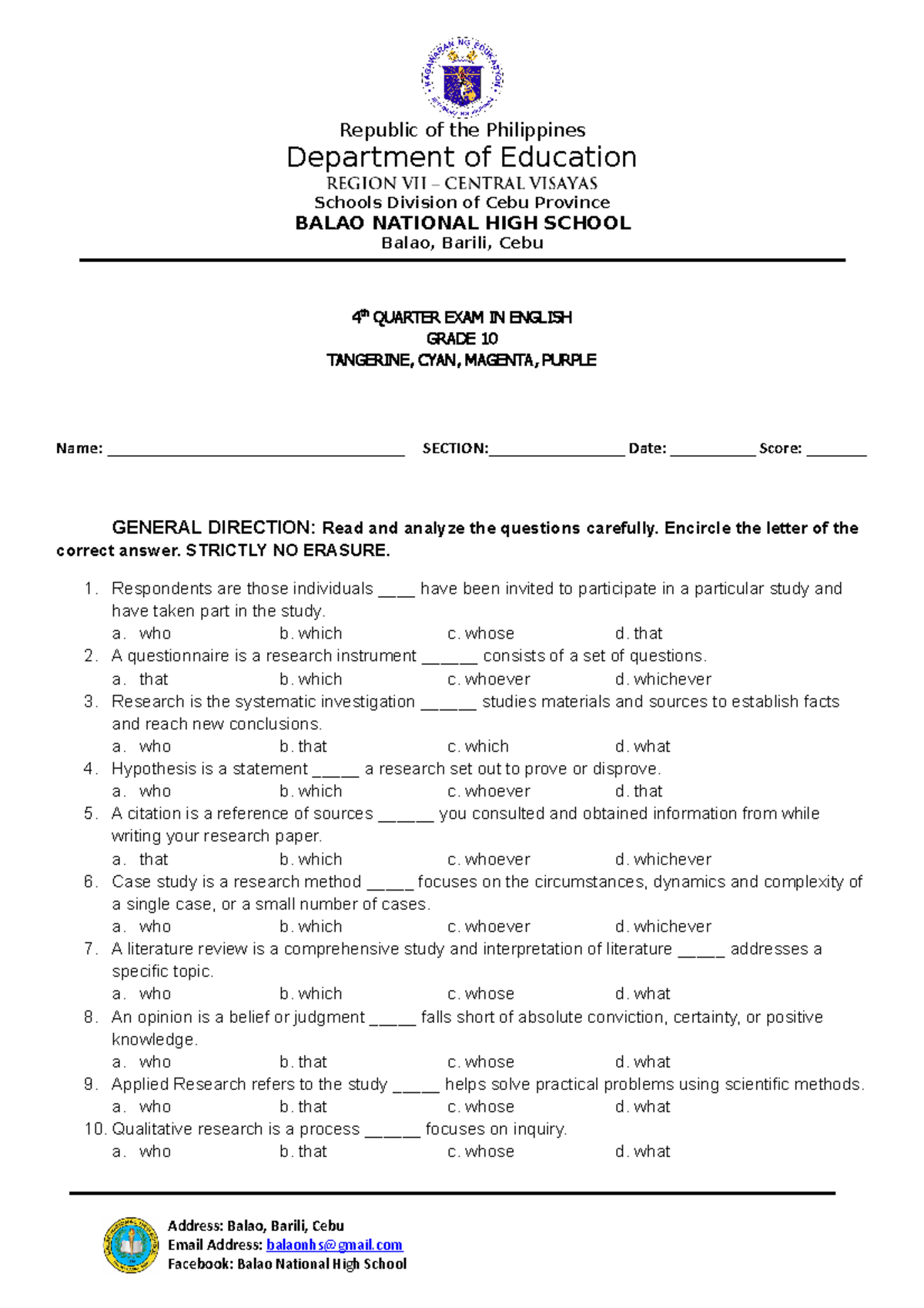 English 10 4th - Periodical exam - Republic of the Philippines ...