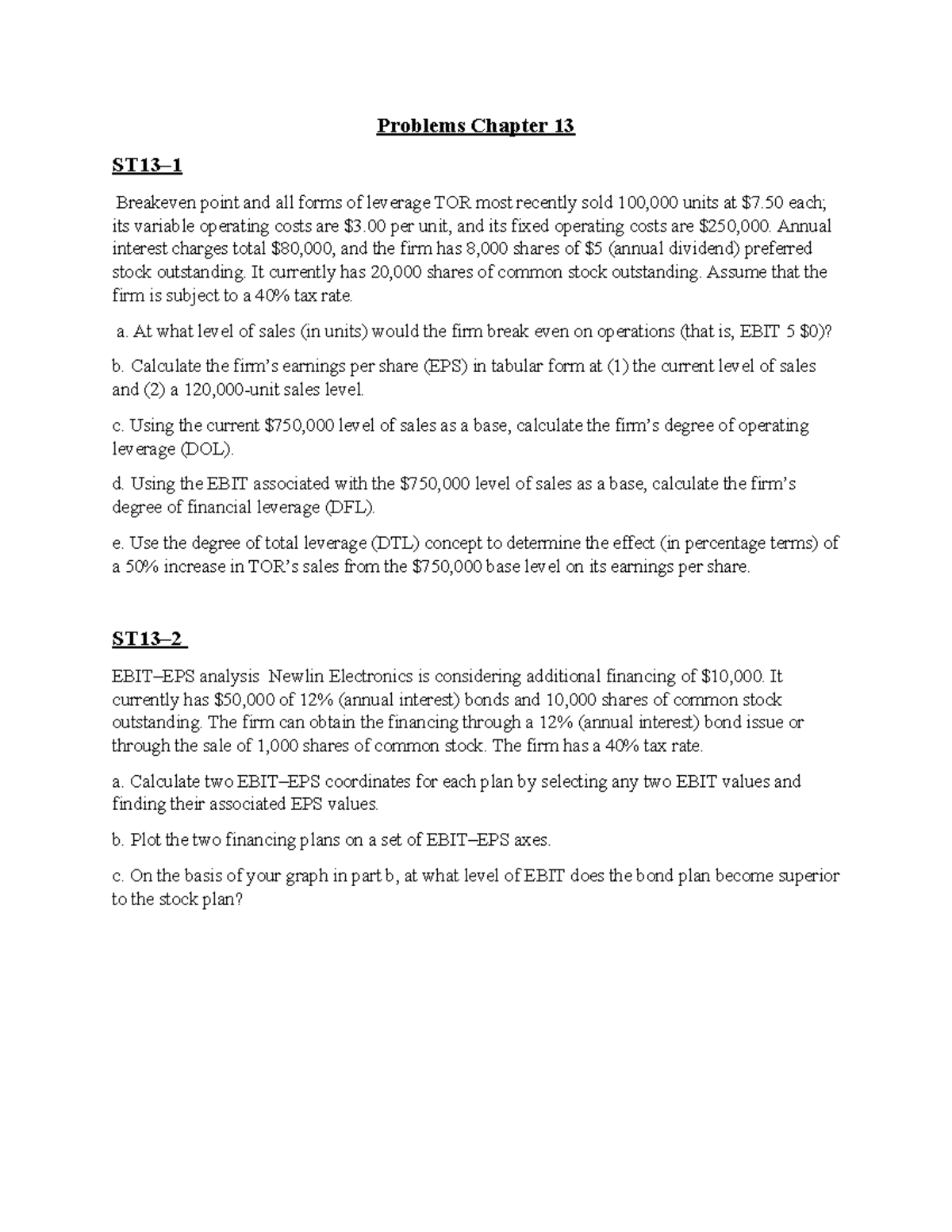 Problems Chapter 13 New - Problems Chapter 13 ST13– Breakeven point and ...