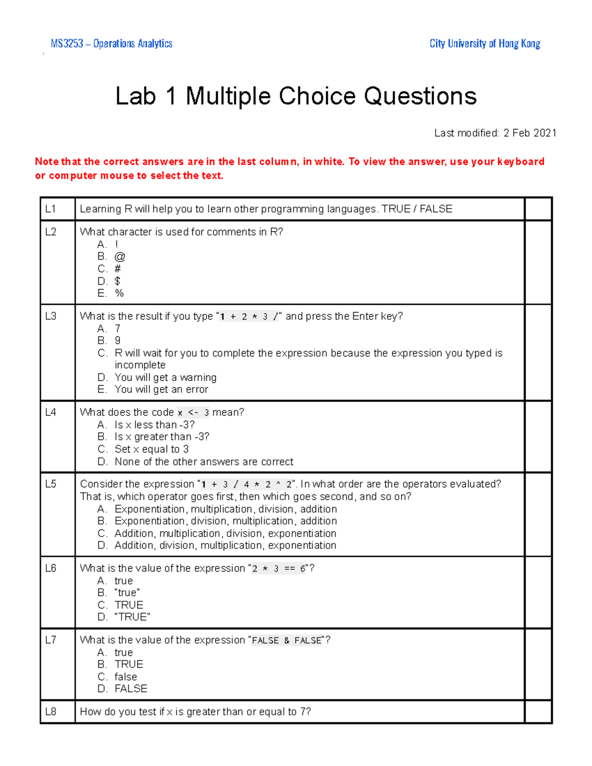 Lab 01 MCQ – MS3253 - lab1 MCQs with answers (Answers font color is ...