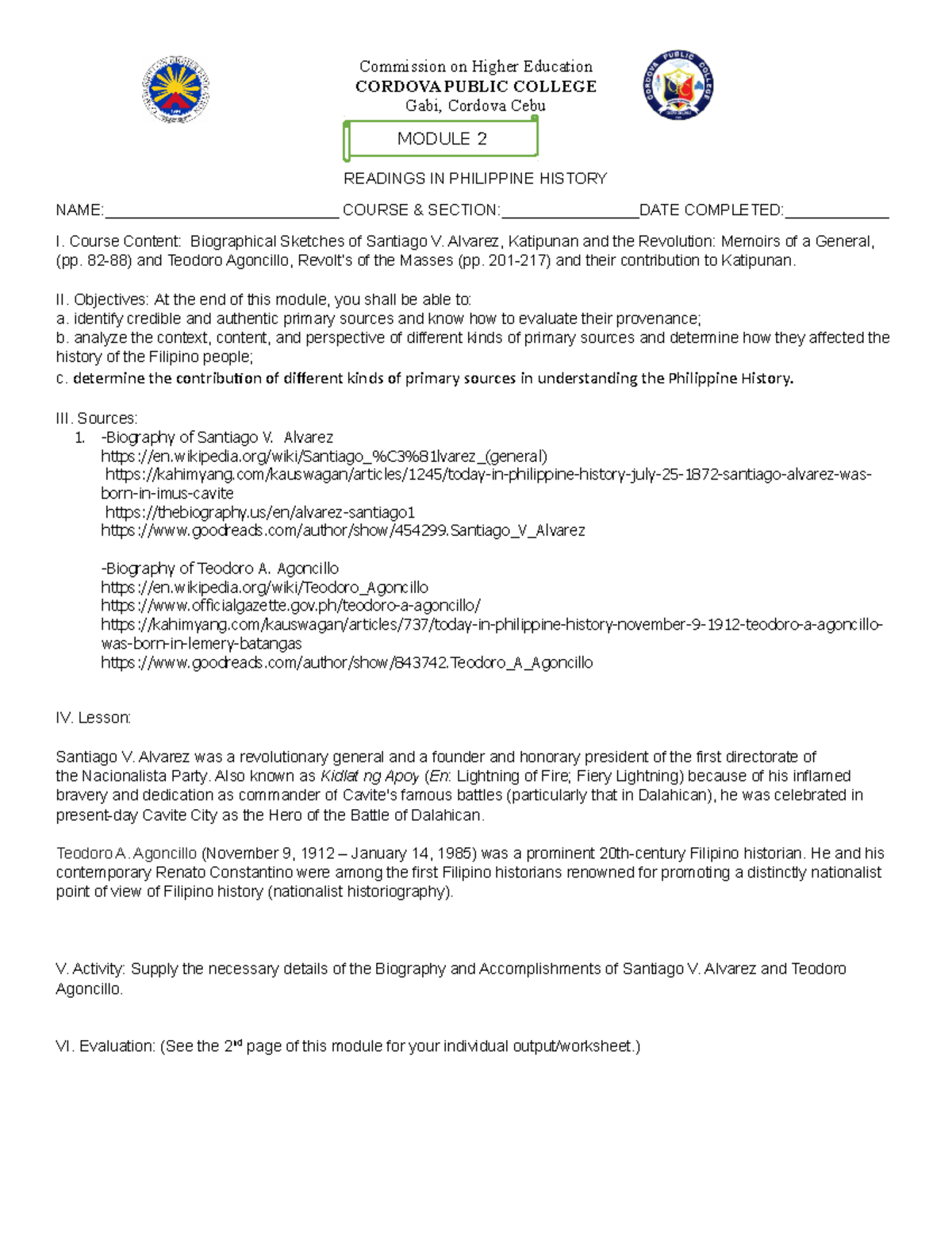 Module 2 - Reading in Philippine History - Commission on Higher ...