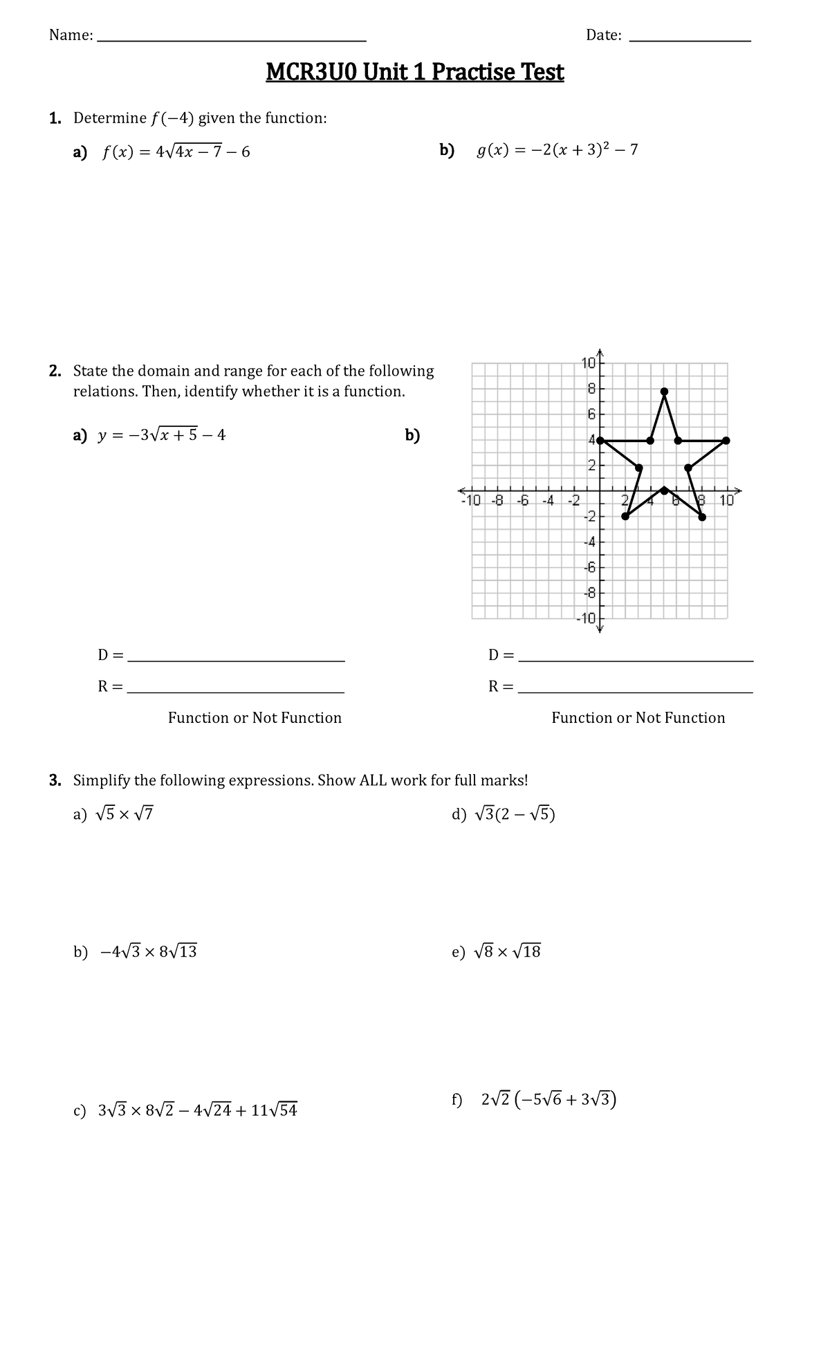 Unit 1 Practise Test - it was a unit test - Name ...