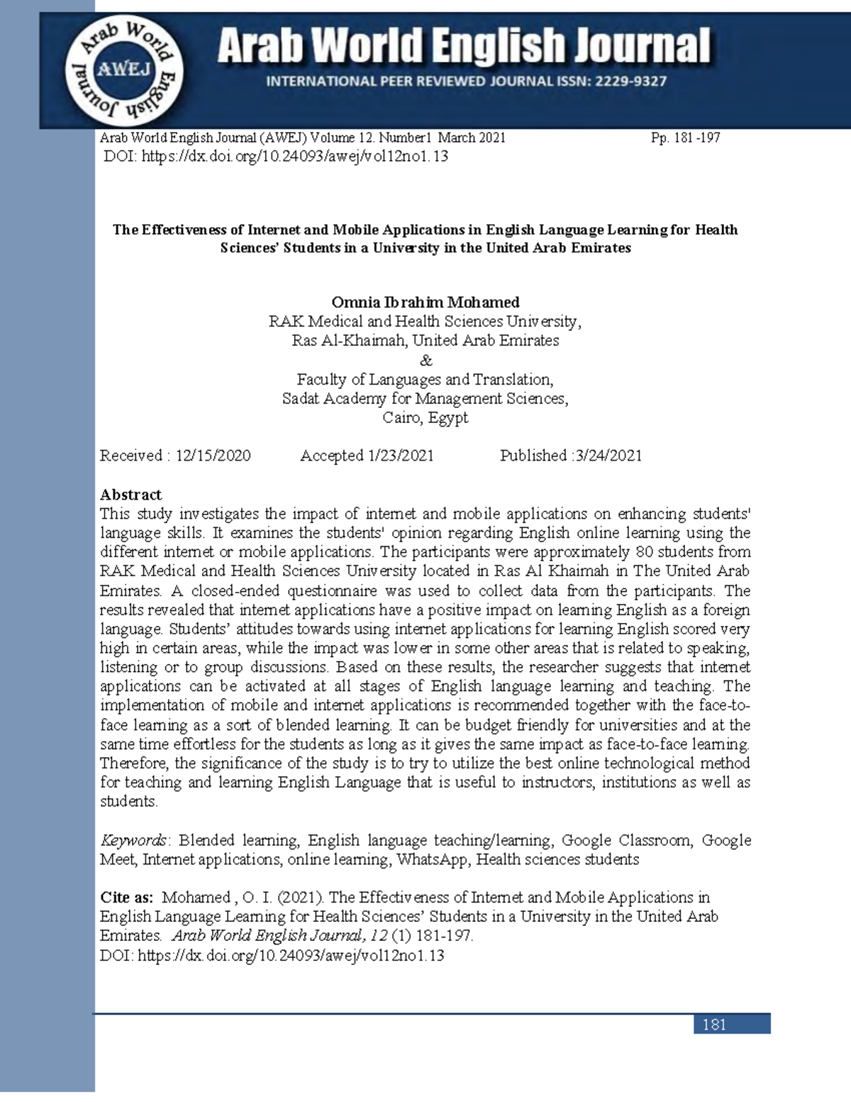 EJ1297554 - For educational purpose only - 181 Arab World English ...