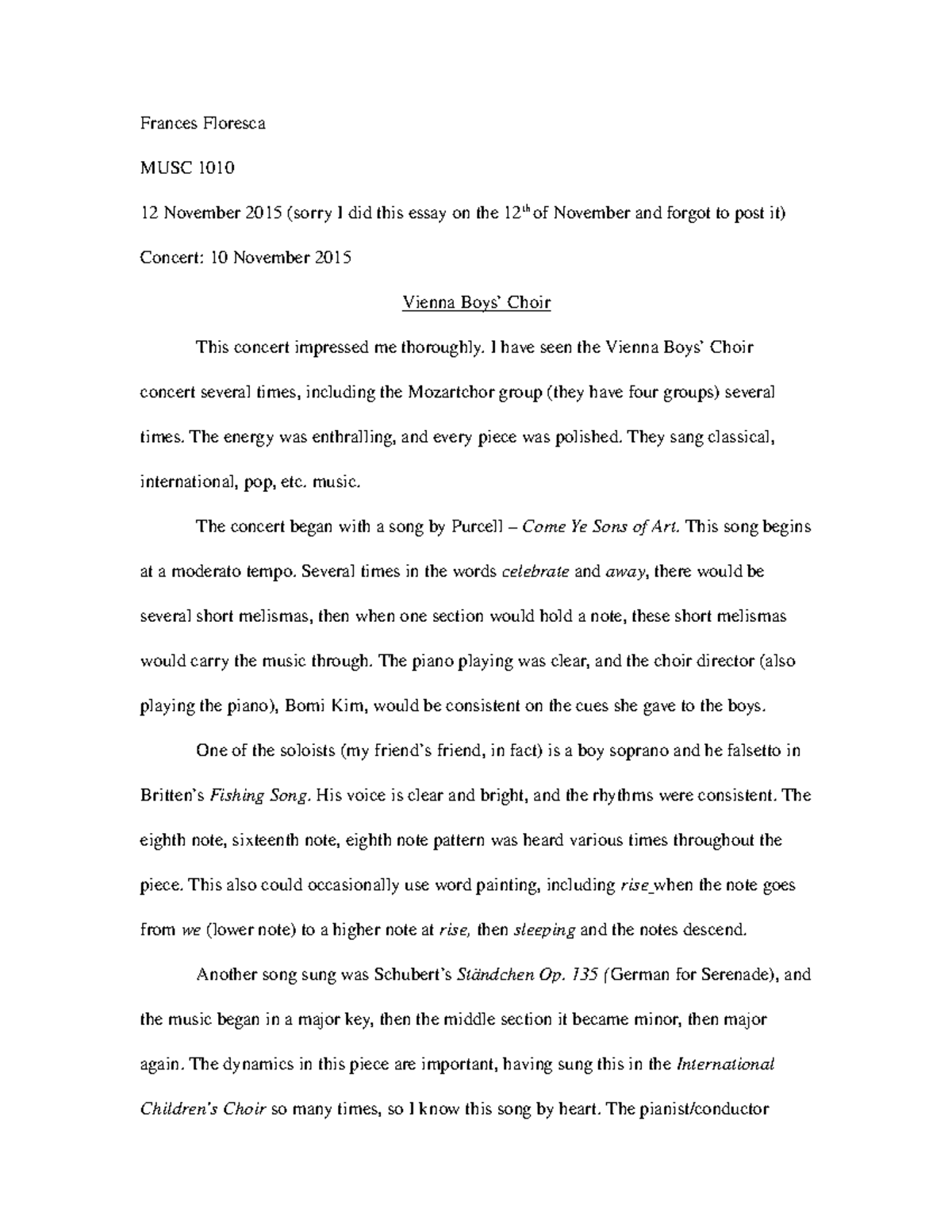 Concert Review 1 - Essay - Frances Floresca MUSC 1010 12 November 2015 ...