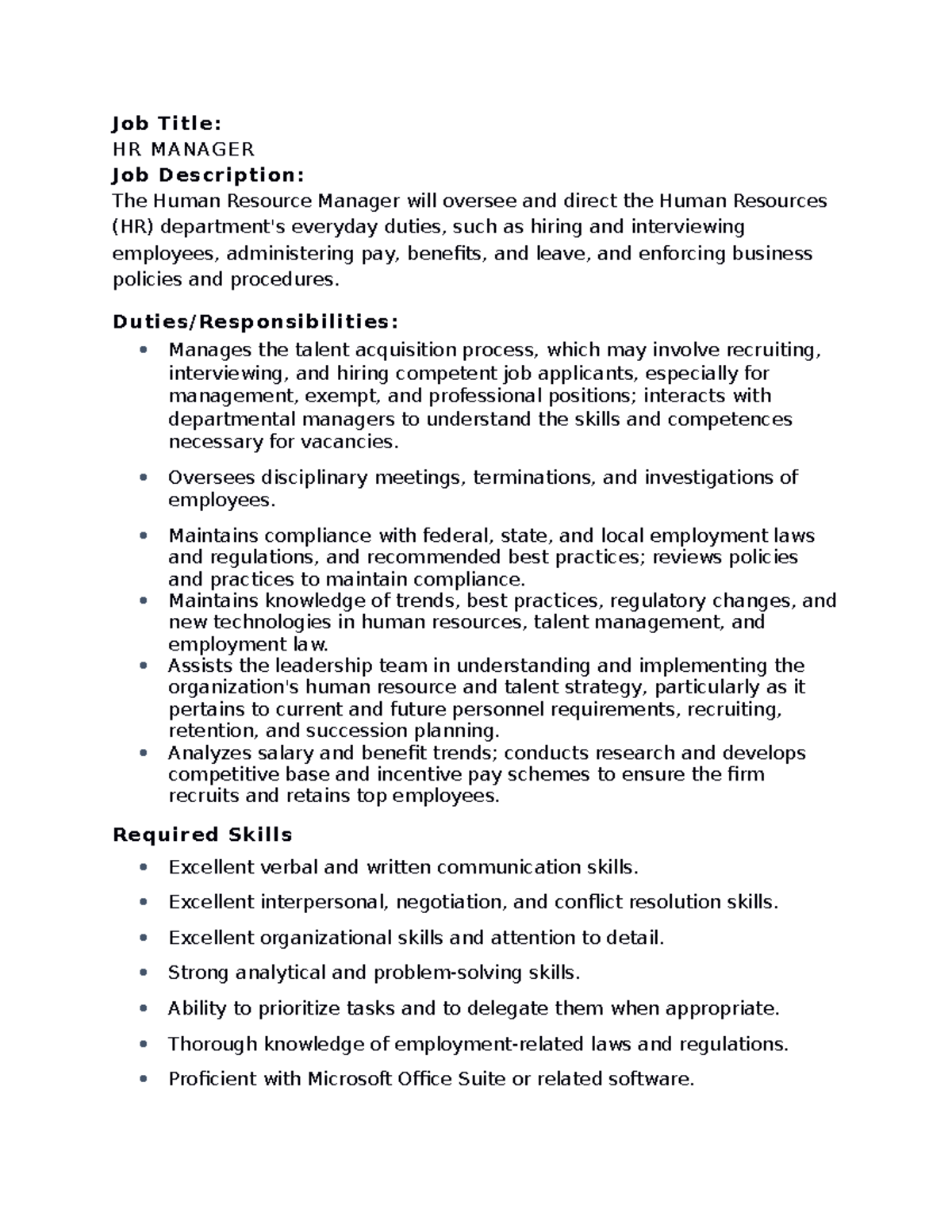 Topic 2 Job Description - Job Title: HR MANAGER Job Description: The ...