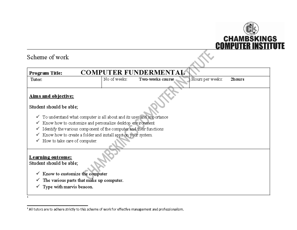 Scheme of work computer fundamental - Scheme of work Program Title ...