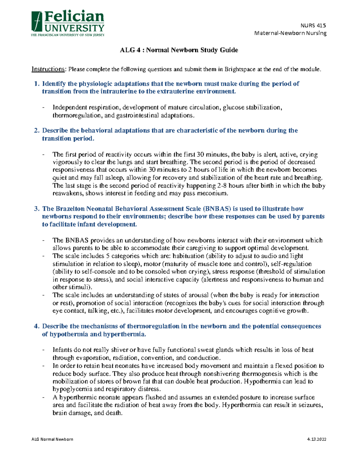 Active Learning Guide - Module 4 - Maternal-Newborn Nursing ALG 4 : Normal Newborn Study Guide ...