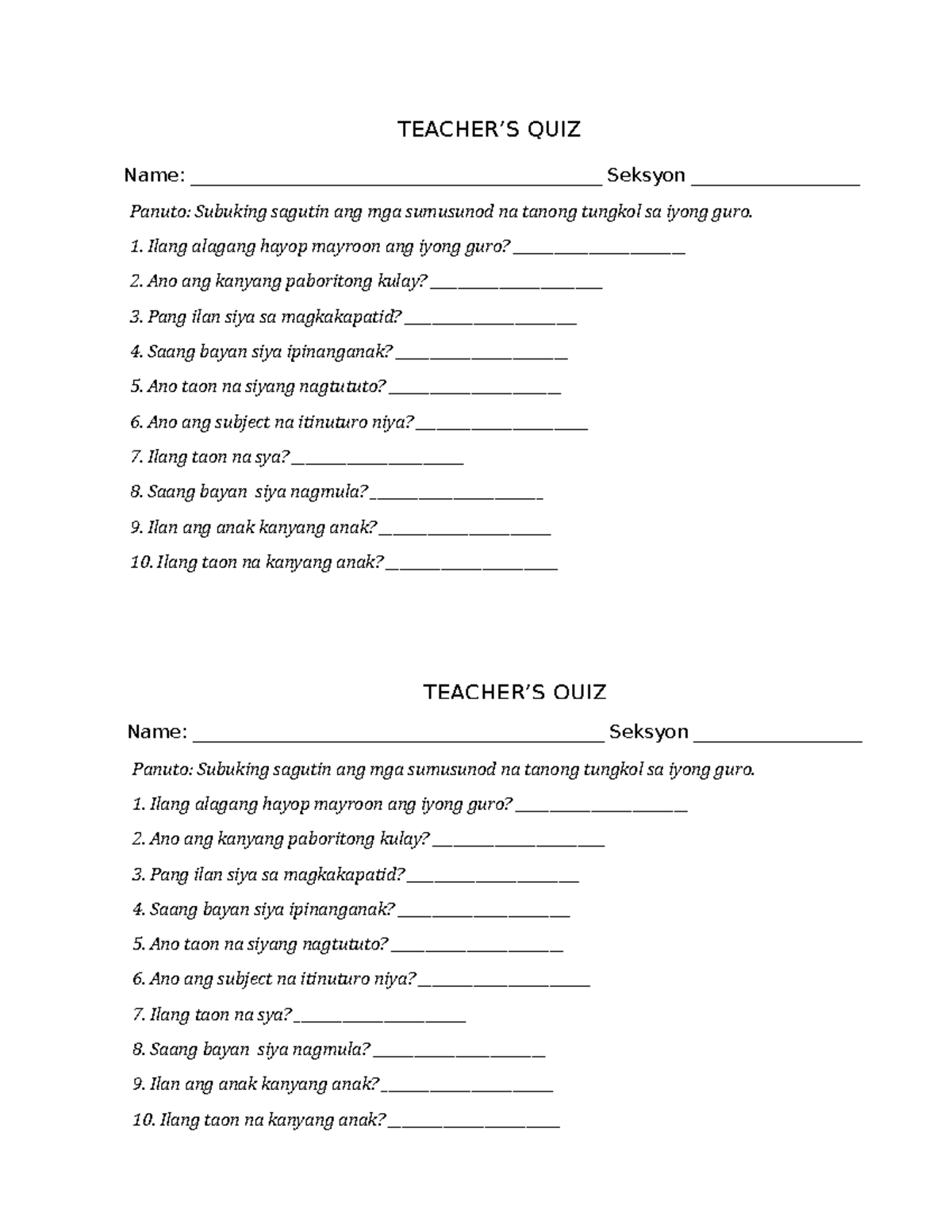 Activity Getting to Know - TEACHER’S QUIZ Name ...