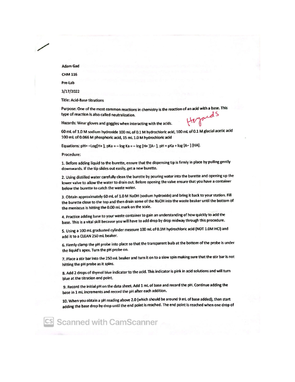 Adam Gad- Lab 6 Acid-base titrations - CHM 116 - Studocu