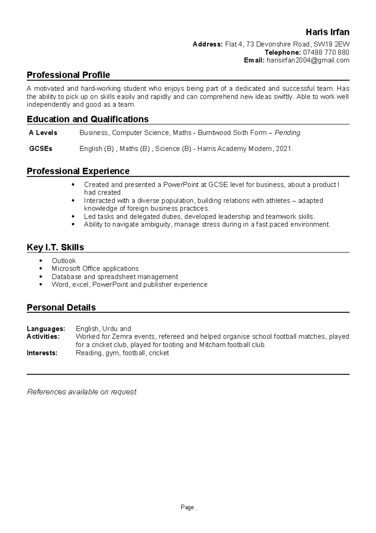 Haris Irfans Cv Sxaxcdax Haris Irfan Address Flat 4 73 Devonshire Road Sw19 2ew Telephone