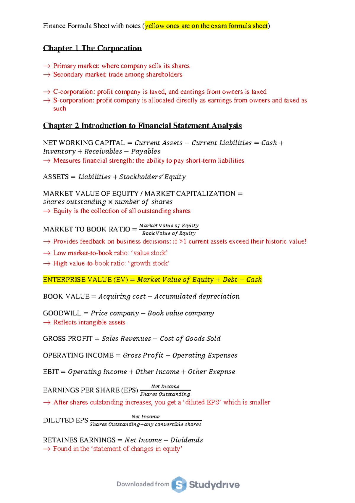 Finance Formula Sheet with Notes - Studocu