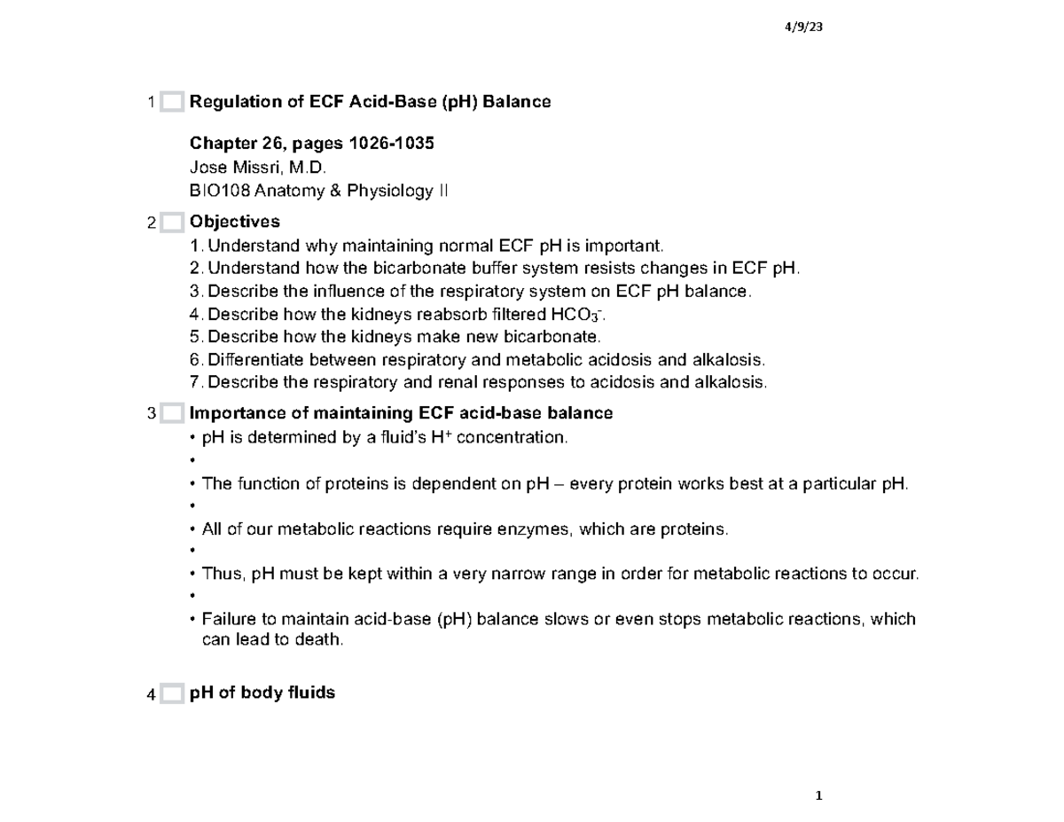Lecture 19 - Regulation of acid-base balance - 4/9/ 1 Regulation of ECF ...