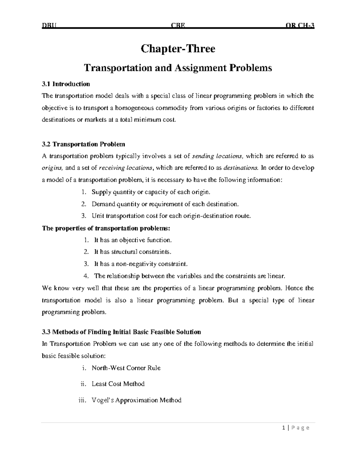 OR CH-3 M - STUDENT NOTE - Chapter-Three Transportation and Assignment Problems 3 Introduction ...