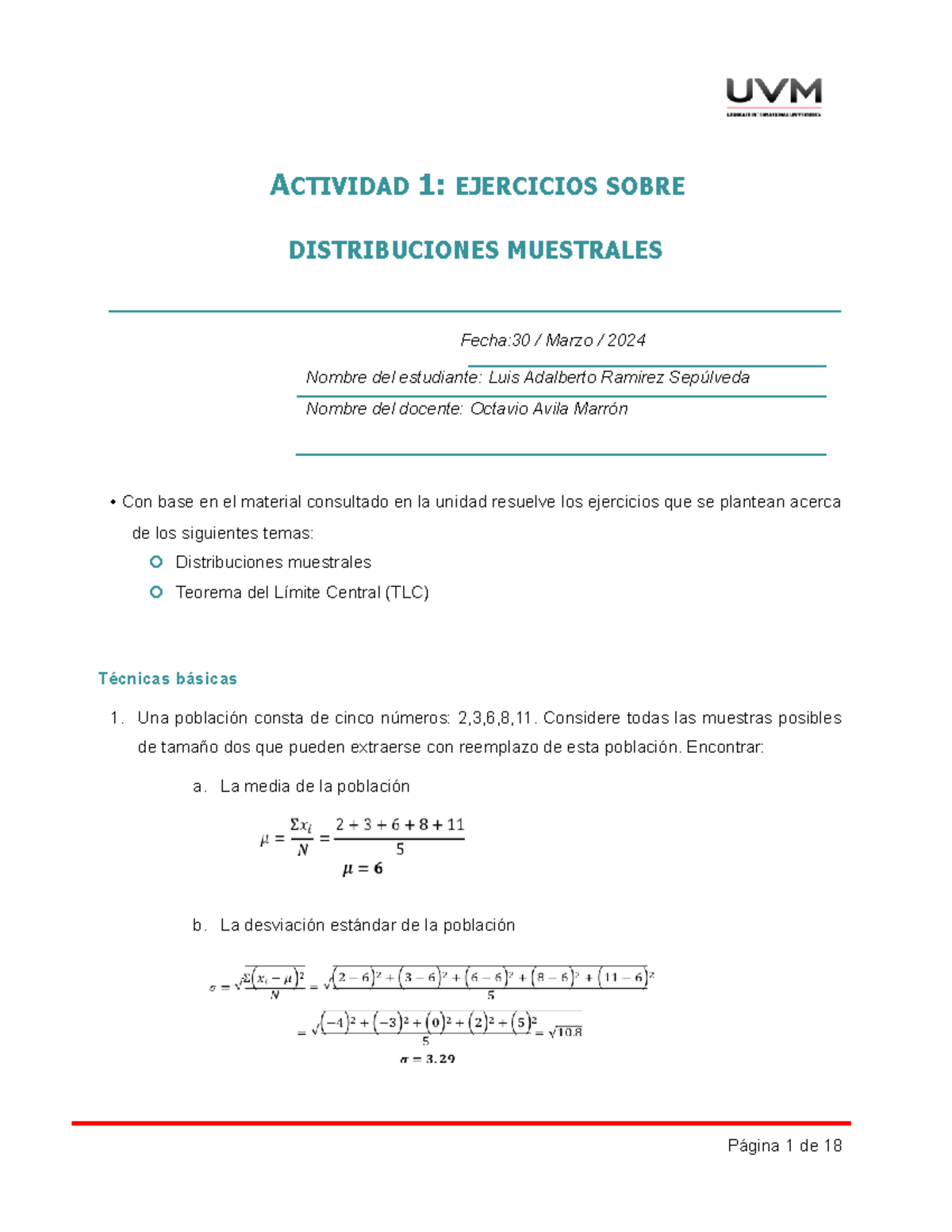 A1 RASL - ACTIVIDAD 1: EJERCICIOS SOBRE DISTRIBUCIONES MUESTRALES Fecha: 30 / Marzo / 2024 Con ...
