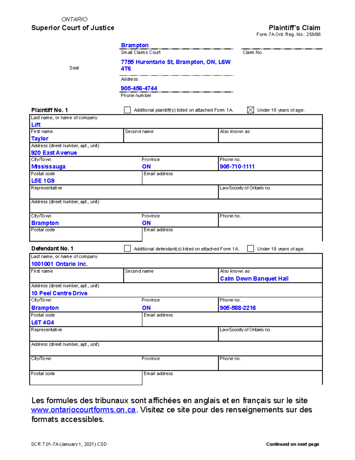 Plaintiff'S Claim FORM 7A - ONTARIO Superior Court of Justice Plaintiff ...
