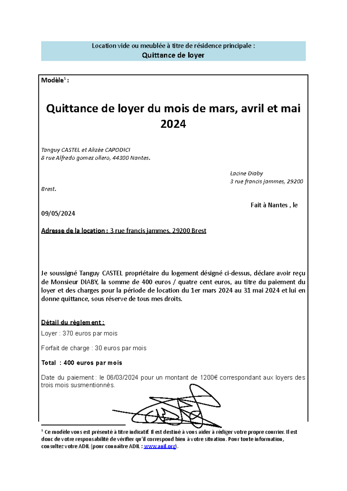 Modele quittance de loyer location vide ou meublee - Location vide ou ...