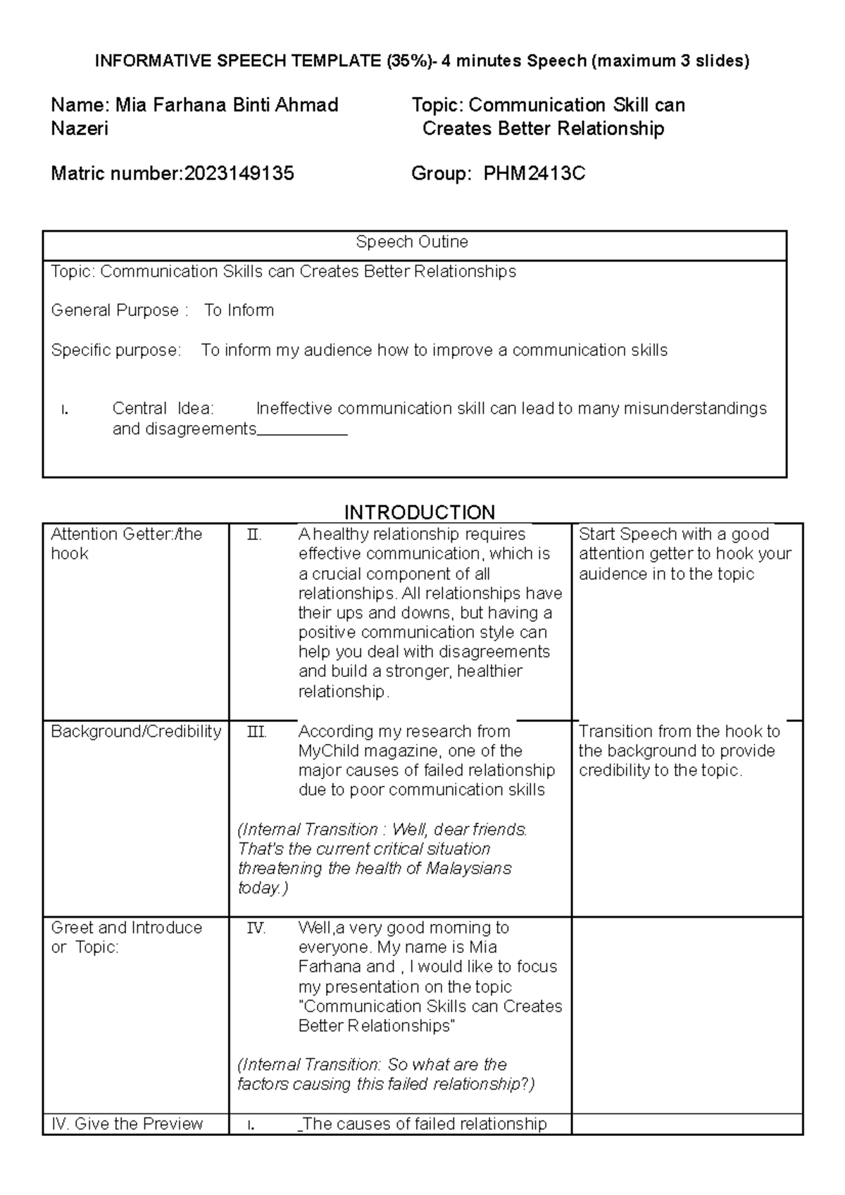 Informative Speech Sample Outline -FULL Speech 20 March 2023 ...