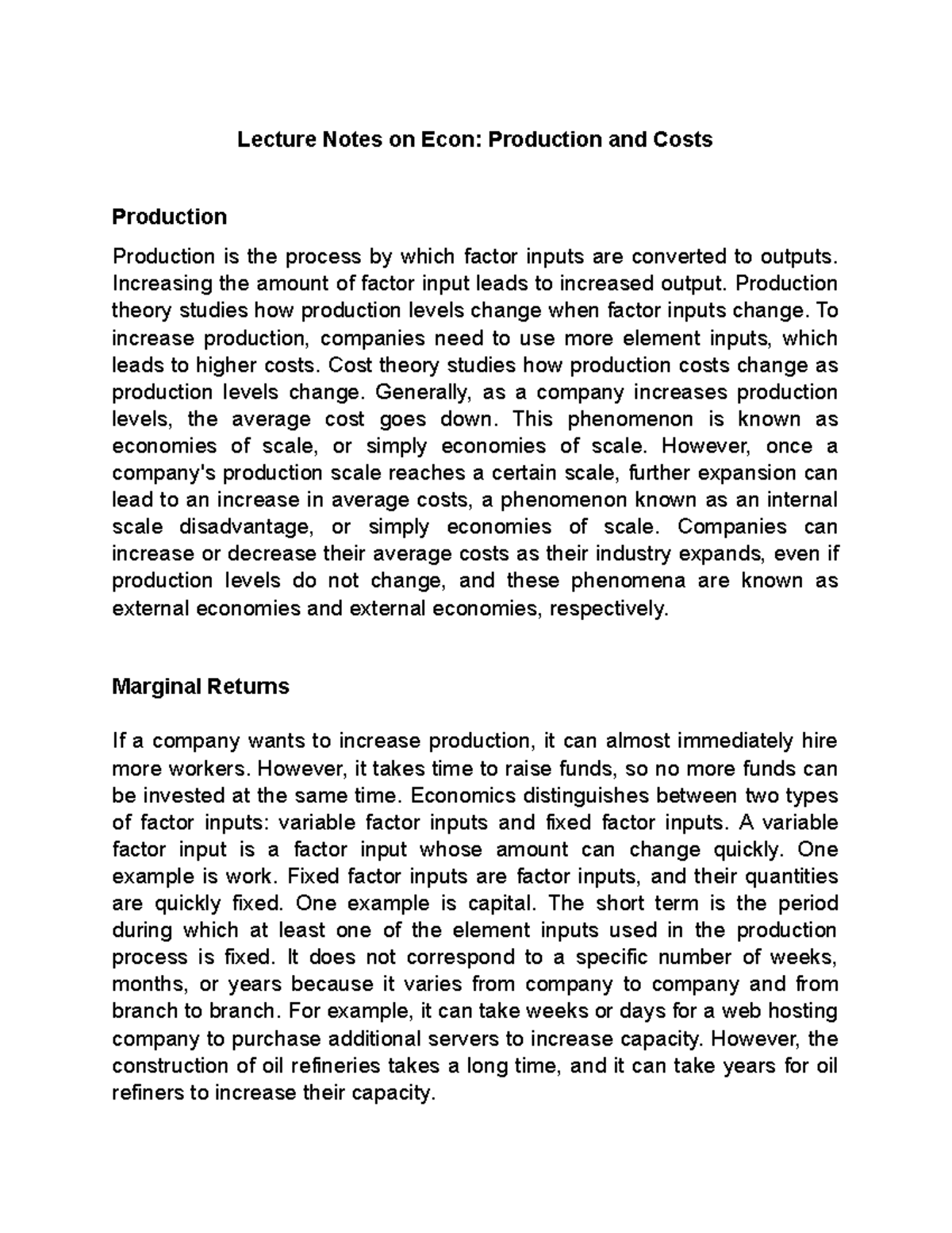 Lecture Notes on Economics - Production - Lecture Notes on Econ ...