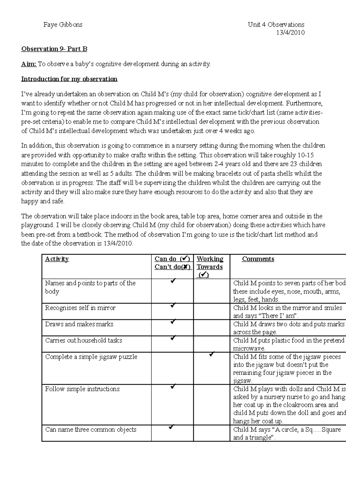 Observation 9 part B - 13/4/ Observation 9- Part B Aim: To observe a ...