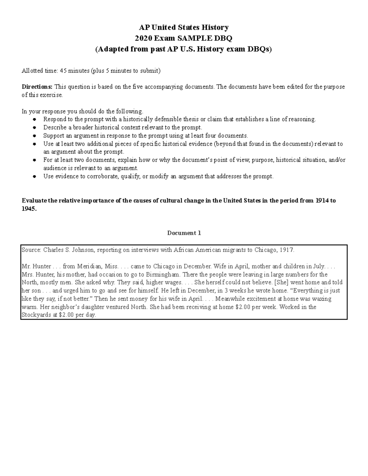 CB 2020 sample DBQ - towson university - AP United States History 2020 ...
