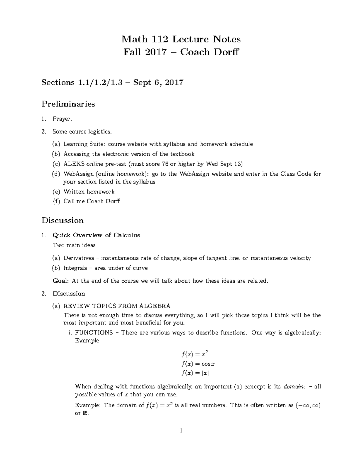 Sect 1.1, 1.2, 1.3 - Math 112 Lecture Notes Fall 2017 – Coach Dorff ...