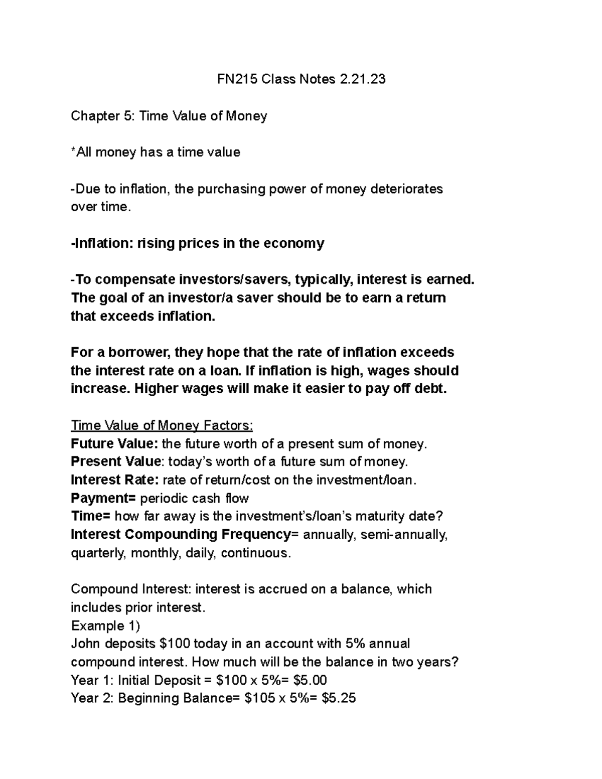 chapter 5 lecture notes - FN215 Class Notes 2. Chapter 5: Time Value of ...