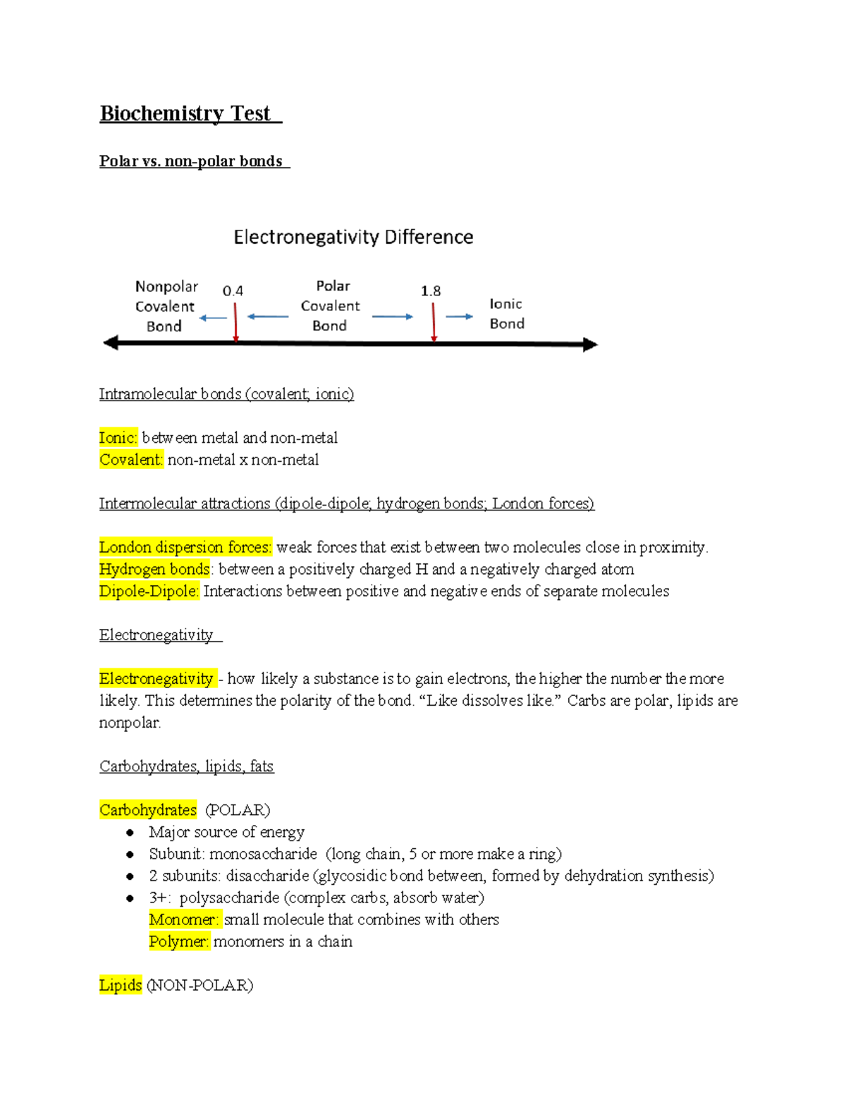 Biochemistry Test Review - Biochemistry Test Polar vs. non-polar bonds ...