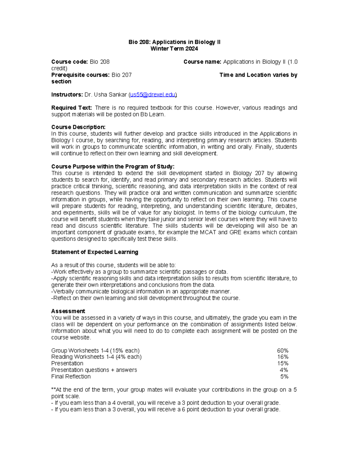 Bio208 Applications in Biology II - credit) Prerequisite courses: Bio ...