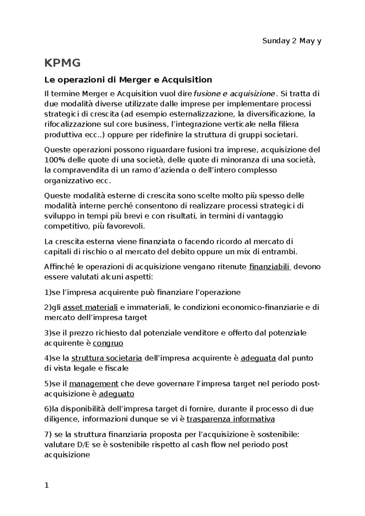 KPMG appunti - KPMG Le operazioni di Merger e Acquisition Il termine Merger e Acquisition vuol ...