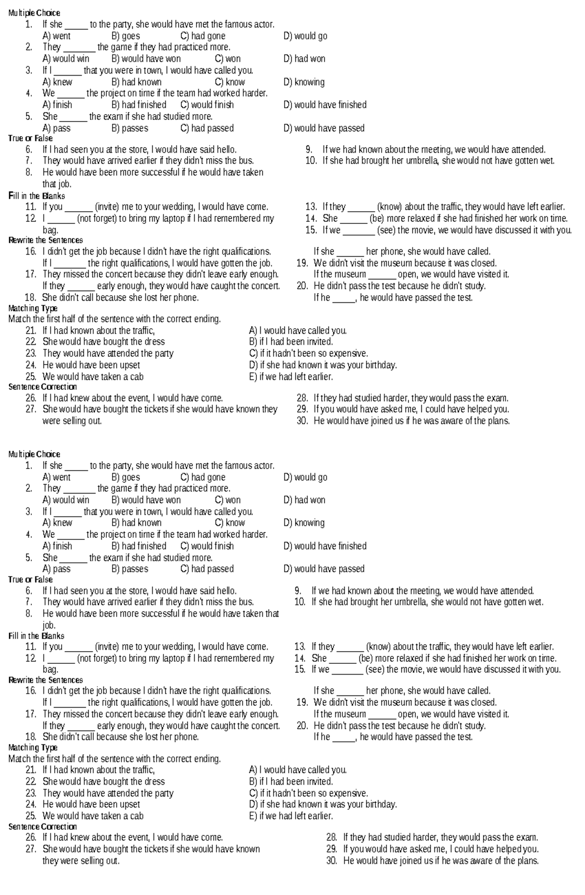 Third Conditional - A worksheet for practice - Multiple Choice 1. If ...