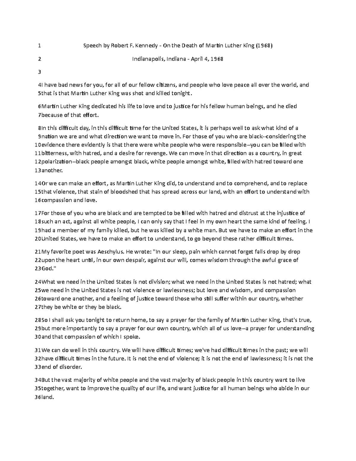 Speech by Robert F. Kennedy - On the Death of Martin Luther King (1968 ...